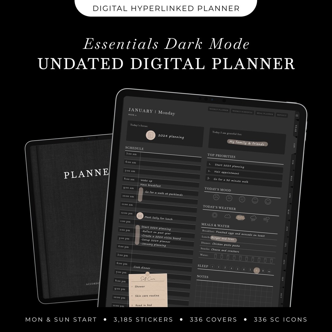 Dark Mode Undated Digital Planner, Daily Planner, Weekly Planner ...