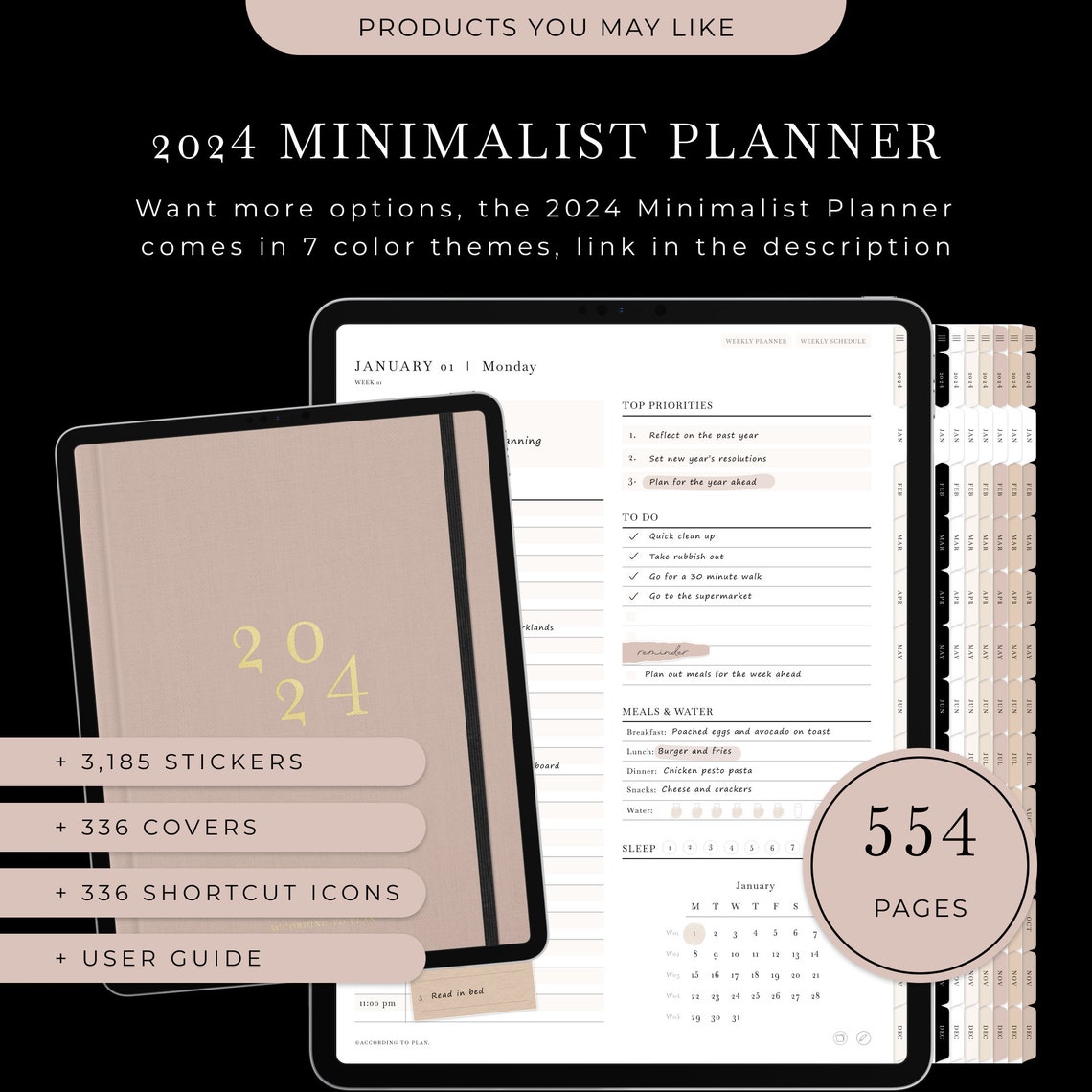 Dark Mode 2024 Digital Planner, Minimalist Daily Weekly Monthly Planner ...