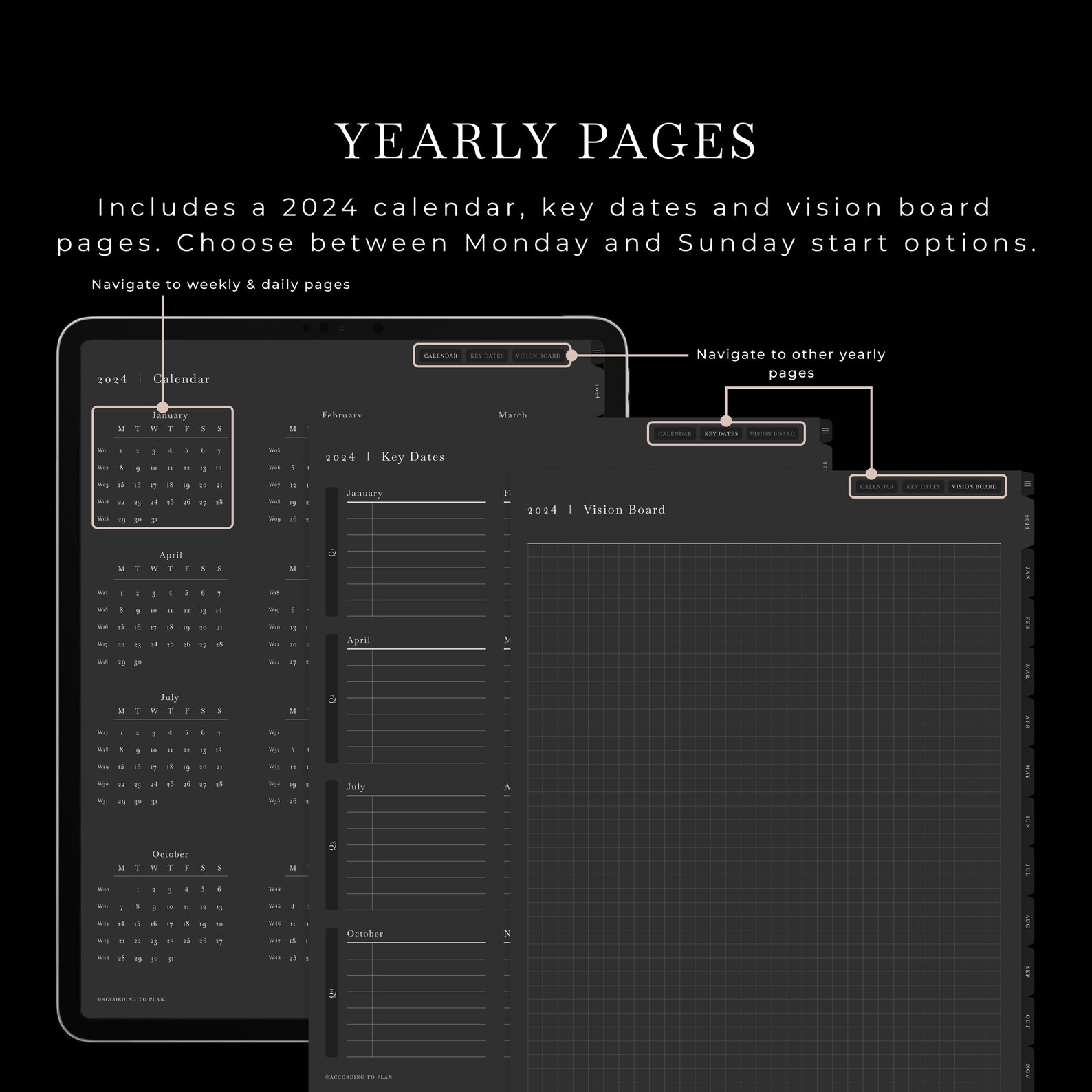 Dark Mode 2024 Digital Planner, Minimalist Daily Weekly Monthly Planner ...