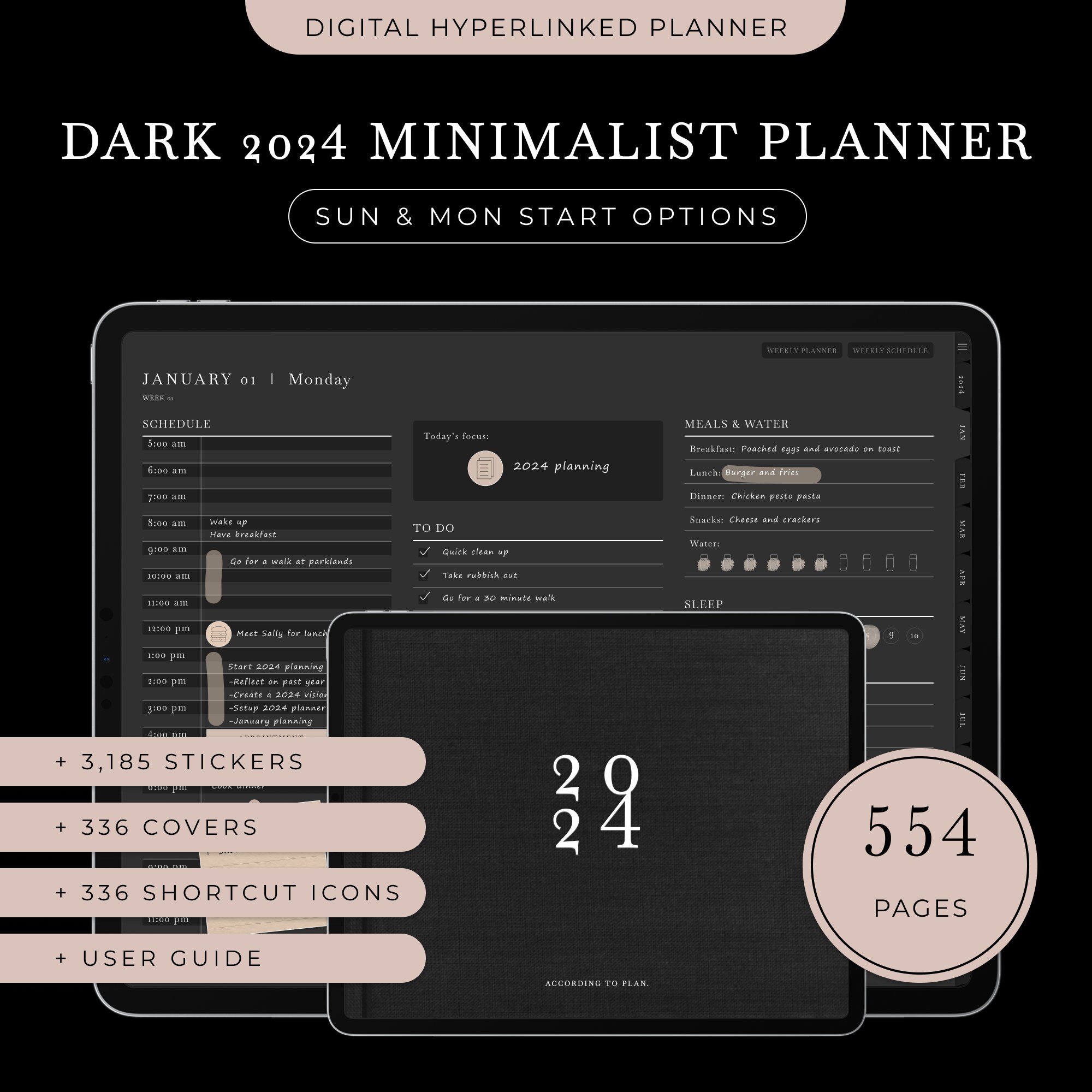 Dark Mode 2024 Digital Planner Daily Planner Weekly Planner - Etsy