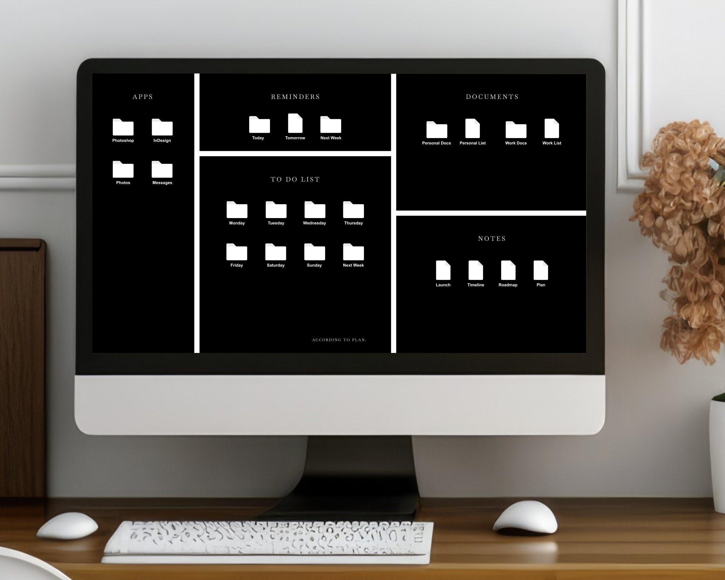 Desktop Organizer Wallpaper With Desktop Folder Icons, Aesthetic Black ...