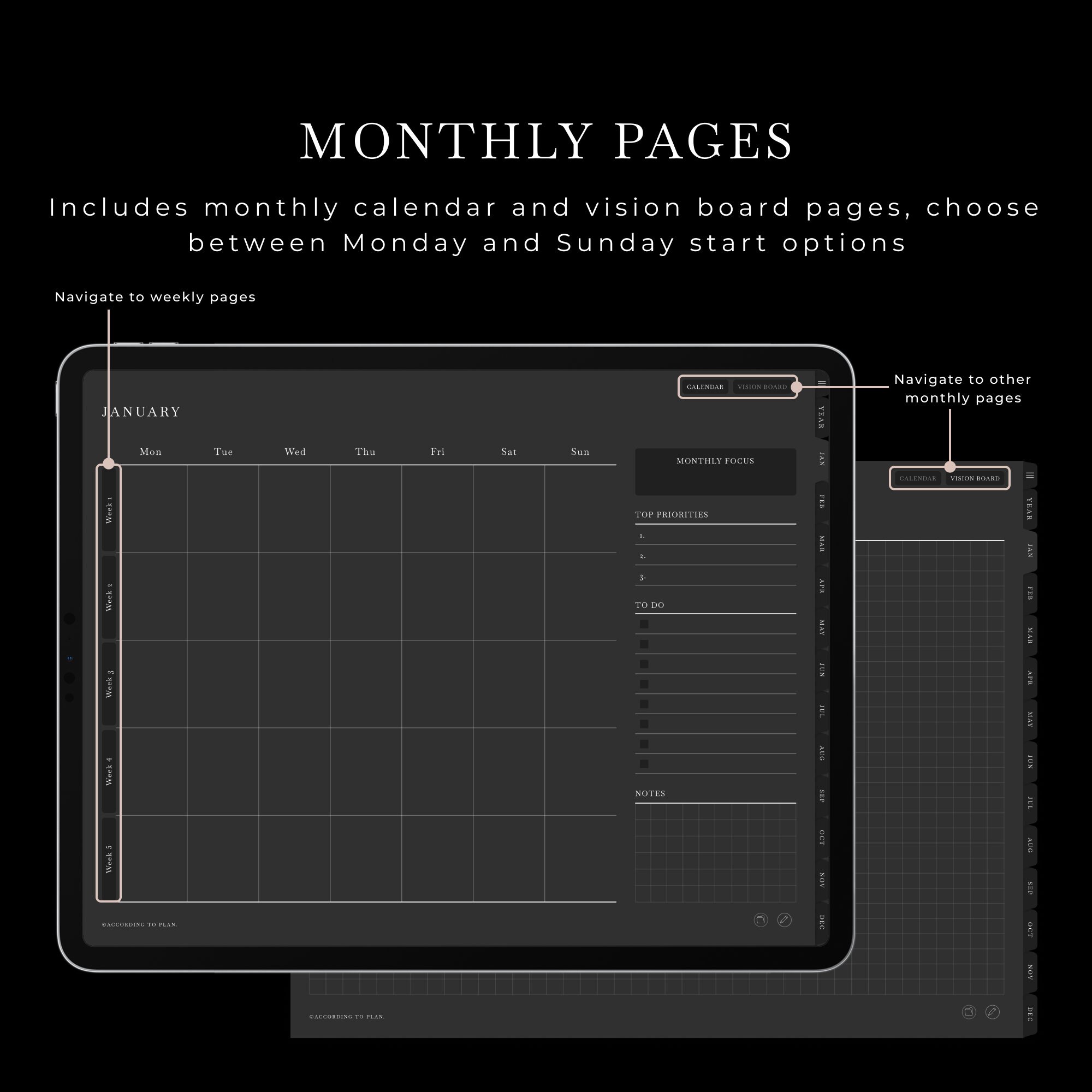 Dark Mode Undated Digital Planner, Daily Planner, Weekly Planner ...