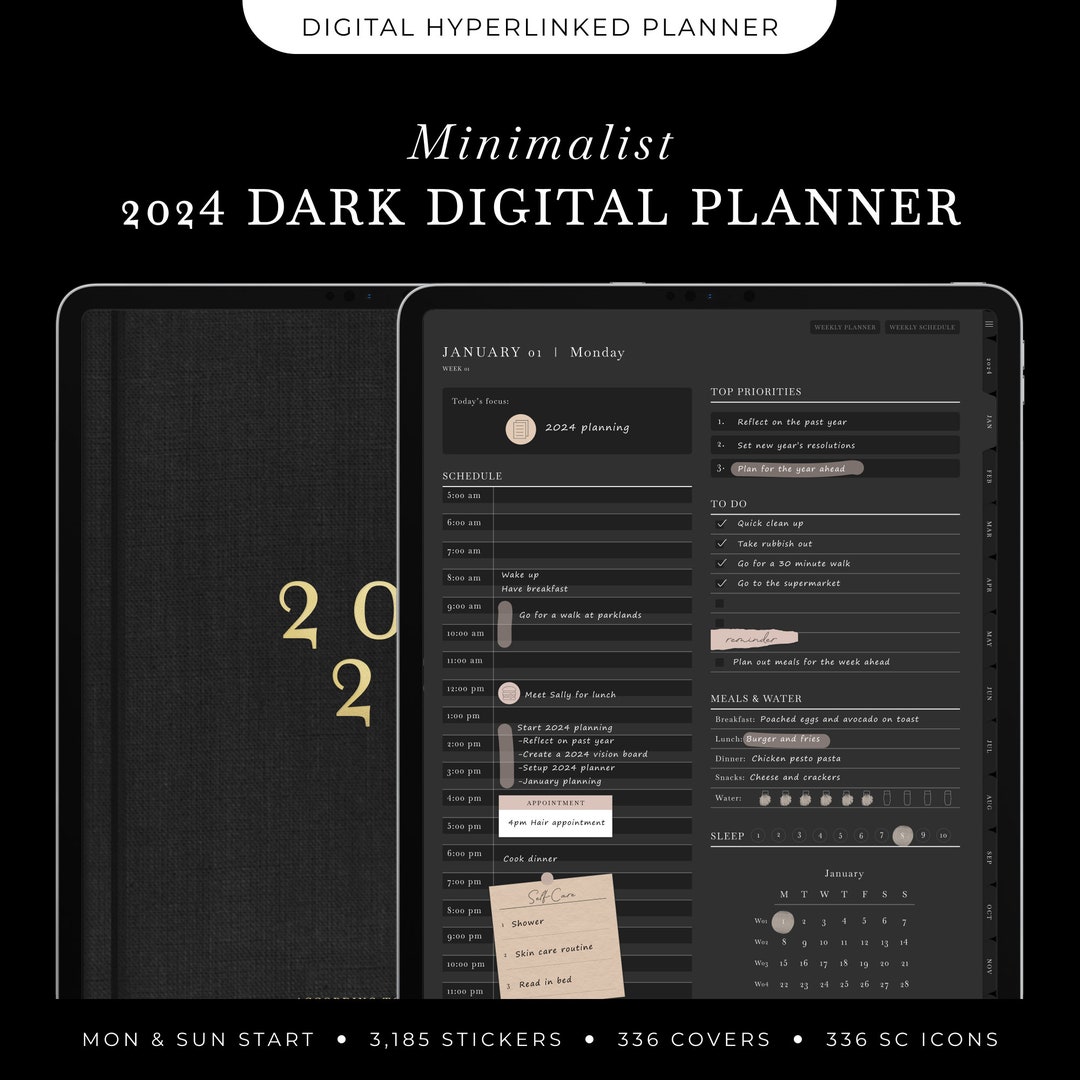 Dark Mode 2024 Digital Planner, Minimalist Daily Weekly Monthly Planner ...