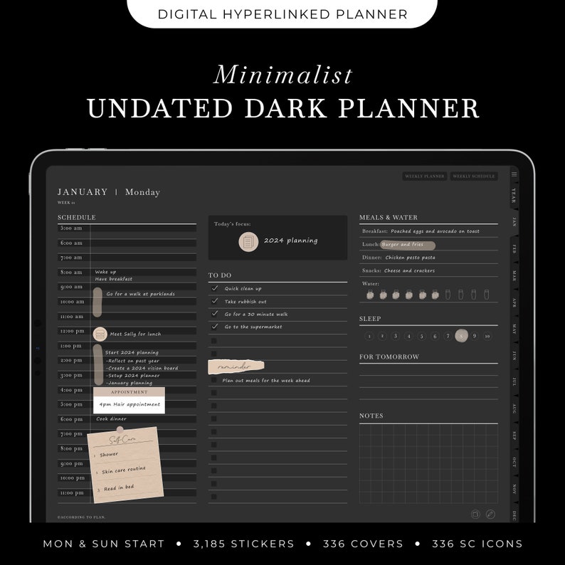 Dark Mode Undated Digital Planner, Daily Planner, Weekly Planner ...