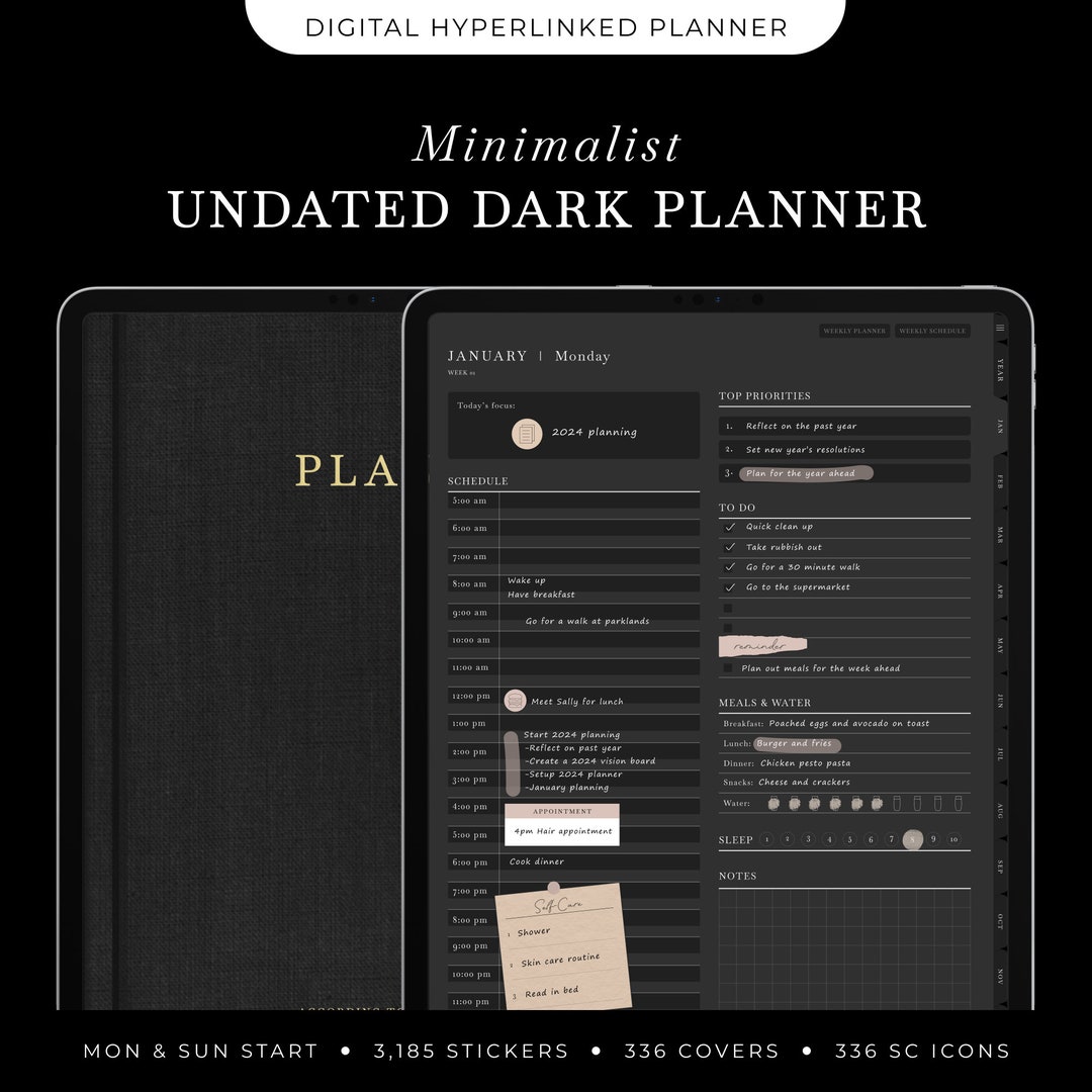 Undated Dark Mode Digital Planner, Daily Planner, Weekly Planner ...