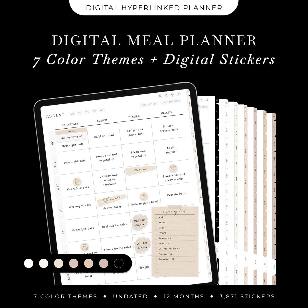 Digital Meal Planner, 7 Neutral Color Tabs & Cooking Digital Stickers ...