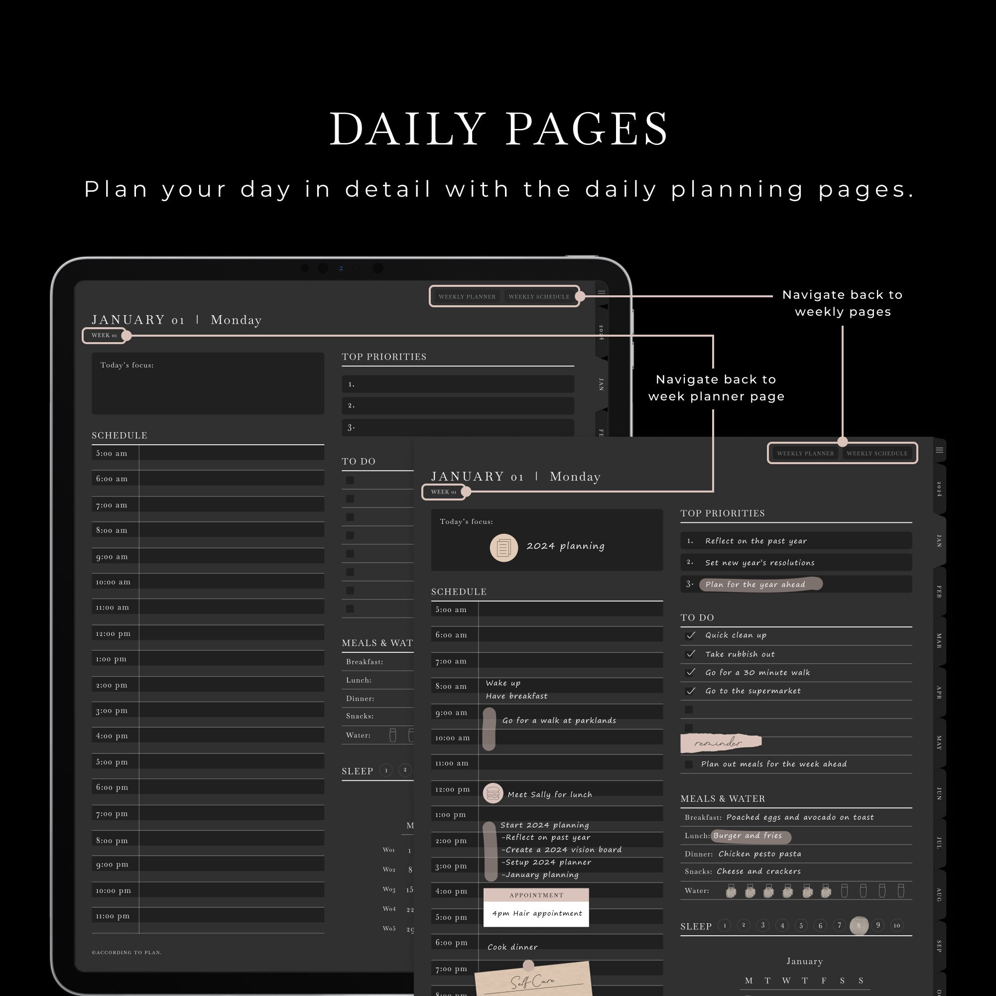 Dark Mode 2024 Digital Planner, Minimalist Daily Weekly Monthly Planner ...
