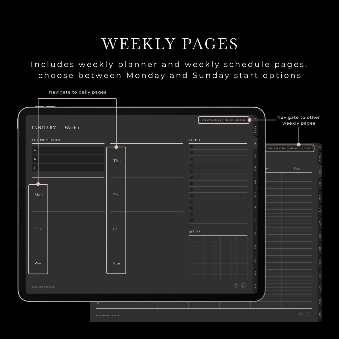 Dark Mode Undated Digital Planner, Daily Planner, Weekly Planner ...