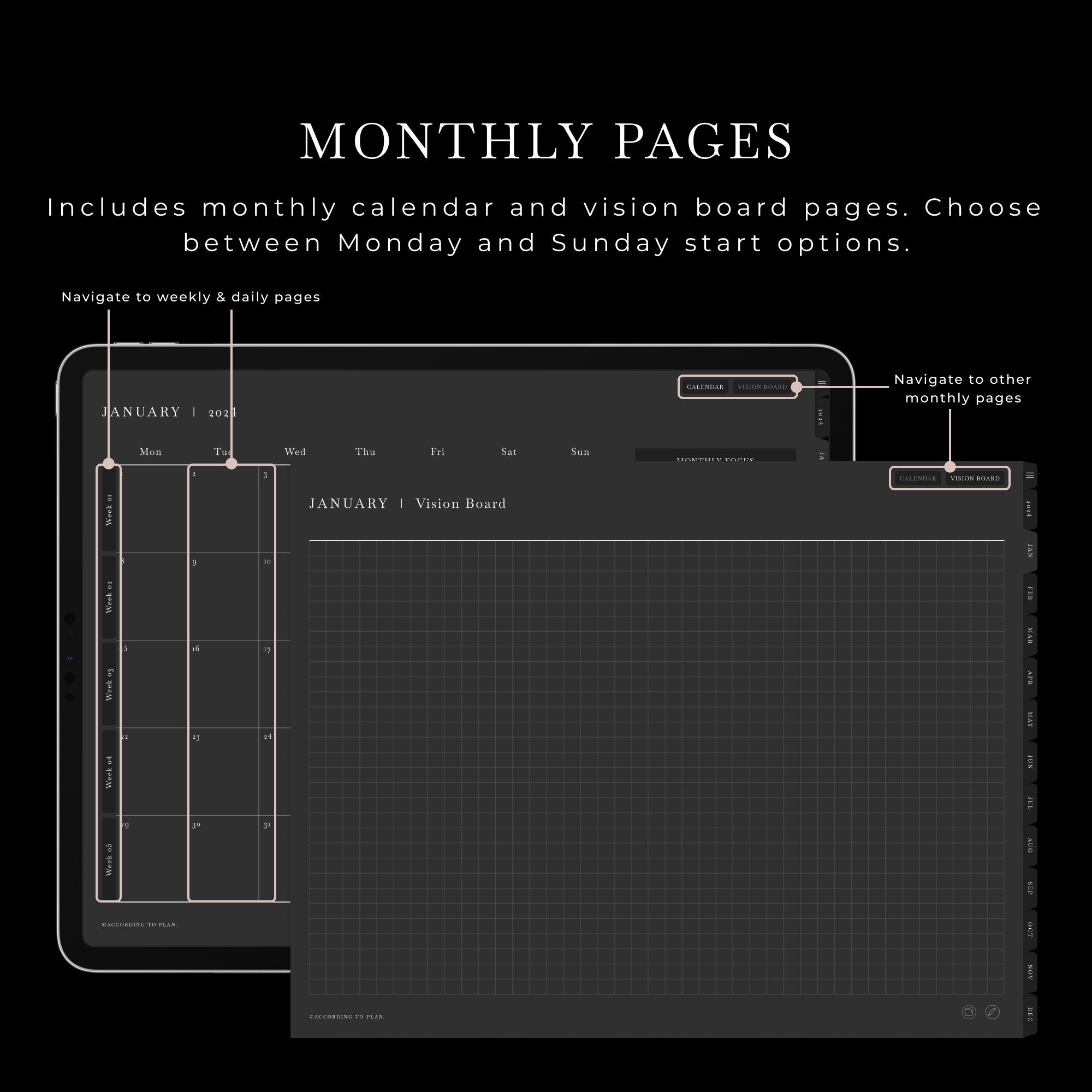 Dark Mode 2024 Digital Planner, Daily Planner, Weekly Planner, Monthly ...