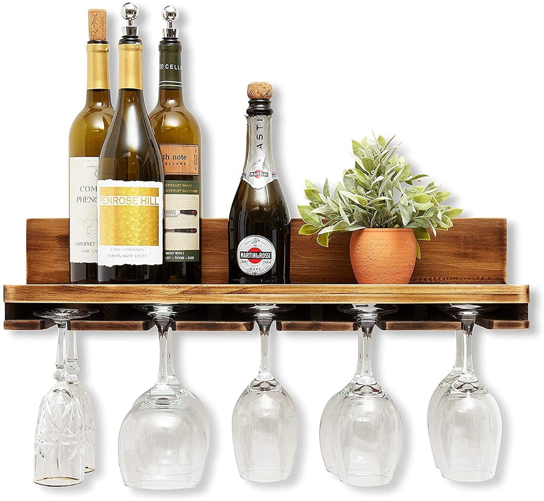 Wall Mounted Wine Rack shelf and Glass Holder, Rustic Solid SHEESHAM ...