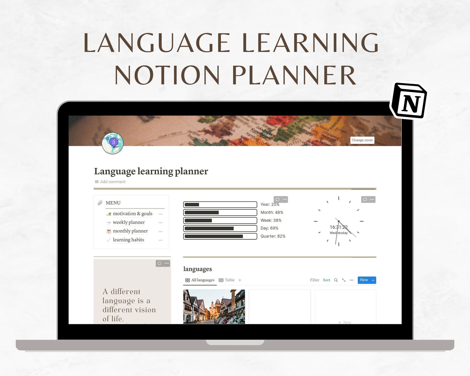 Language Learning Planner, Notion Template, Language Notion Planner, Vocabulary, Learning Goals ...