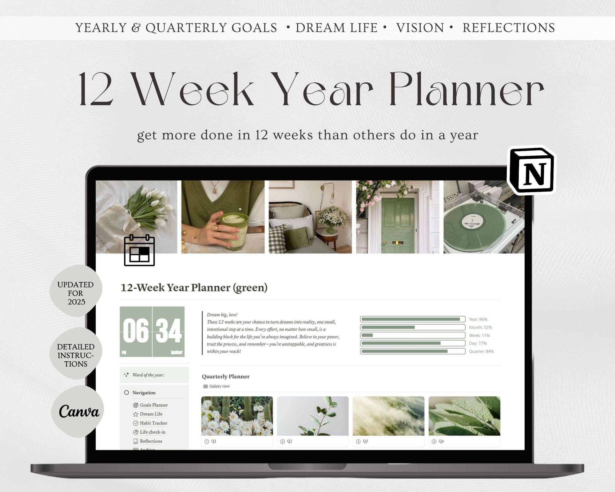 12 Week Year Notion Planner Notion Template 3 Month Goals Planner 2025 Goals Tracker Aesthetic ...