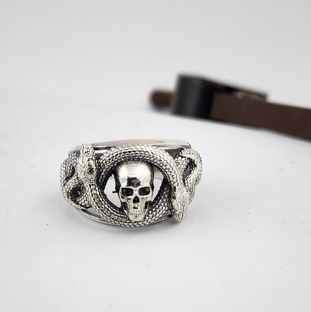 Double Headed Snake & Skull Ring, Handcrafted 925 Sterling Silver, Unique Gothic Design, Unisex ...