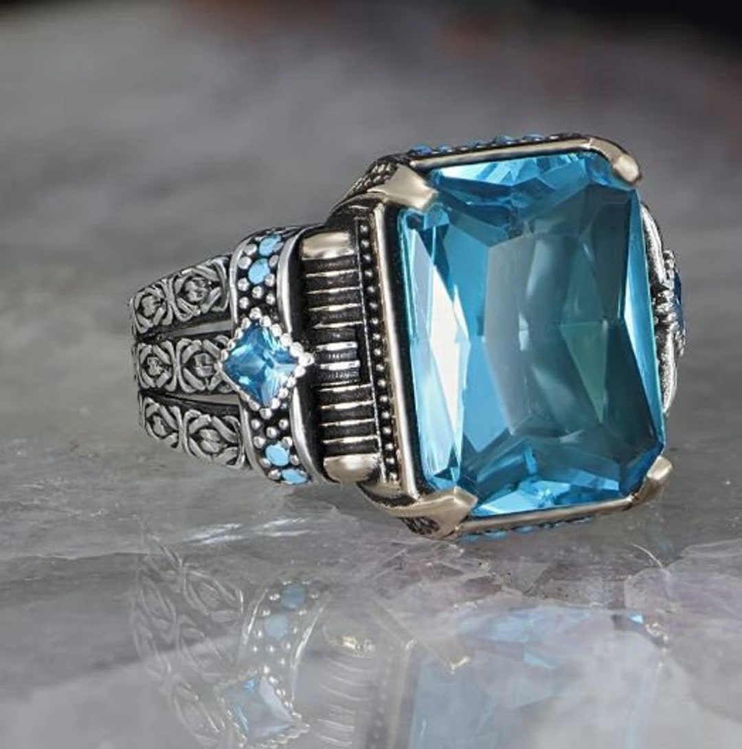 Aquamarine Stone Men Ring, 925 Sterling Silver Aquamarine Ring, Turkish ...