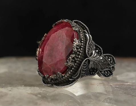 Sterling Silver Ruby Ring, Ruby Red Gemstone Mens Ring, Unique Mens Ring, Engraved 925K Silver ...