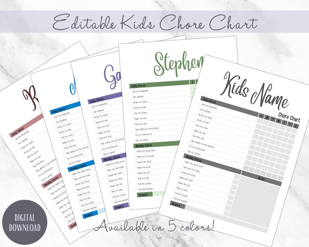 Personalized Kids Chore Chart, Editable Responsibility Chart, Kids ...