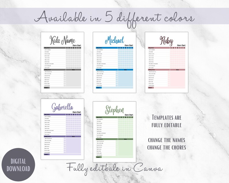 Personalized Kids Chore Chart, Editable Daily Weekly Chores (digital ...