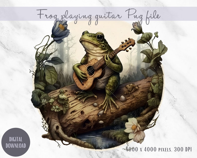Frog Playing a Guitar, Playing Banjo on a Log, Cottagecore, Goblincore ...