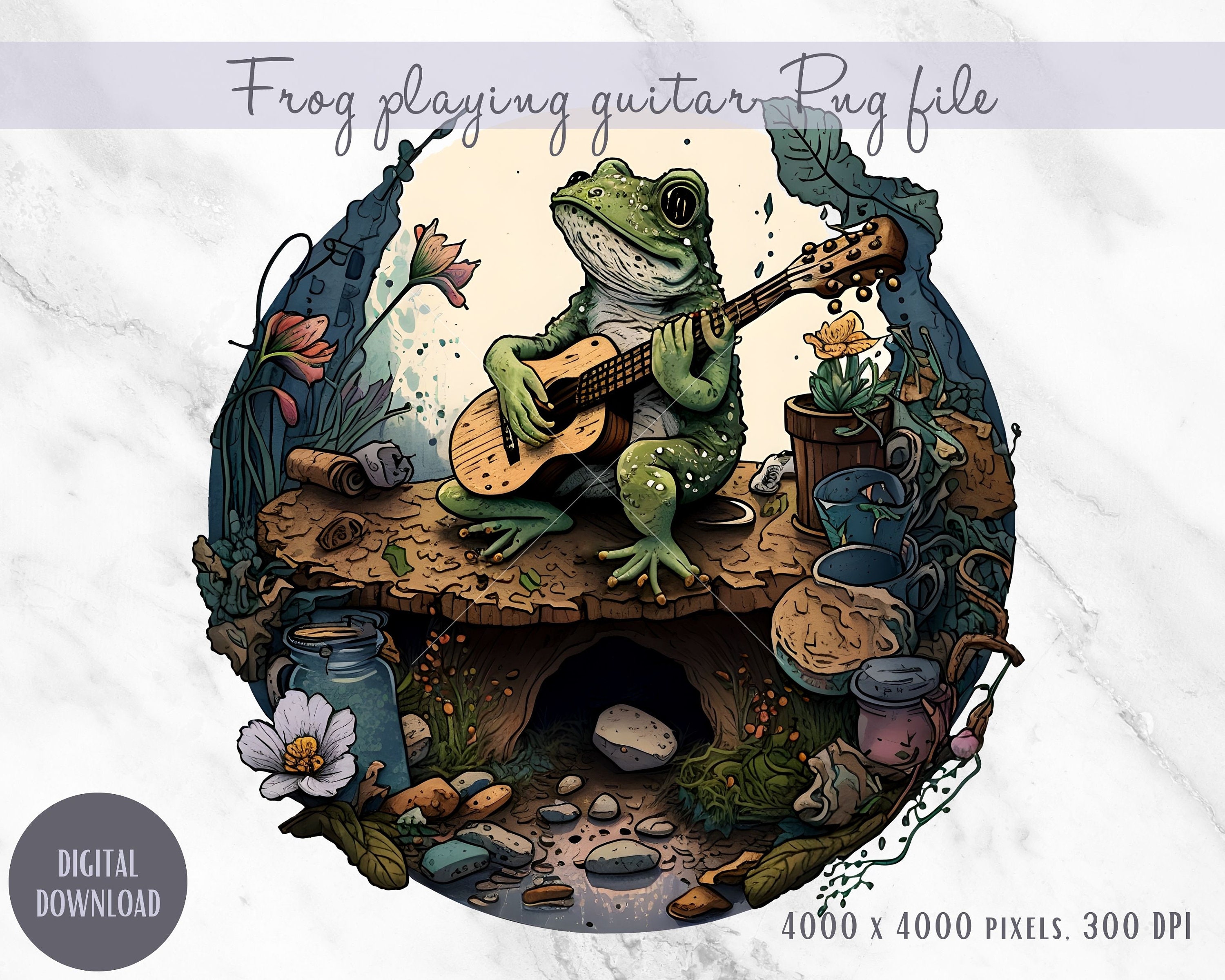 Frog Playing a Guitar, Frog Playing Banjo on a Log, Cottagecore ...