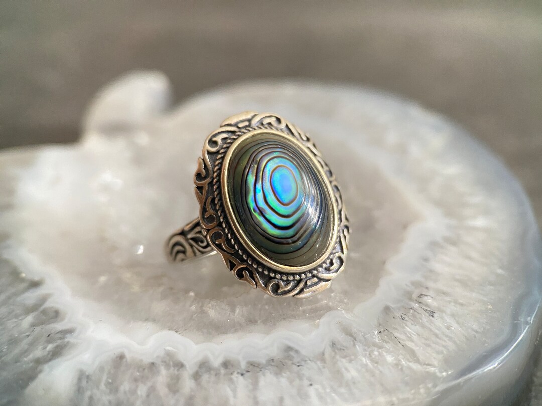 Oval Shaped Sterling Silver Adjustable Ring W/natural Abalone Shell ...