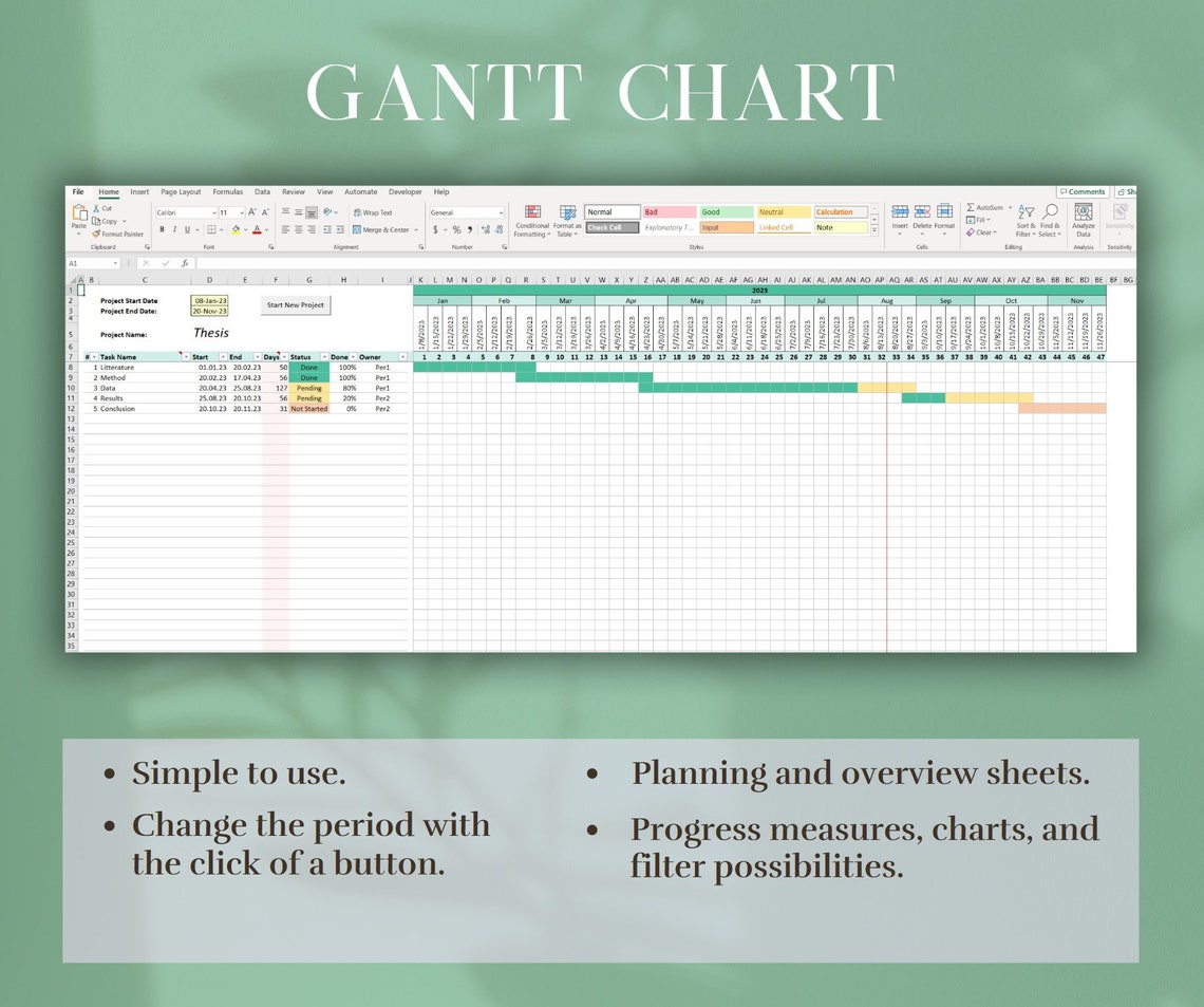 Simple Gantt Chart Excel Template: Project Management Tool (digital ...