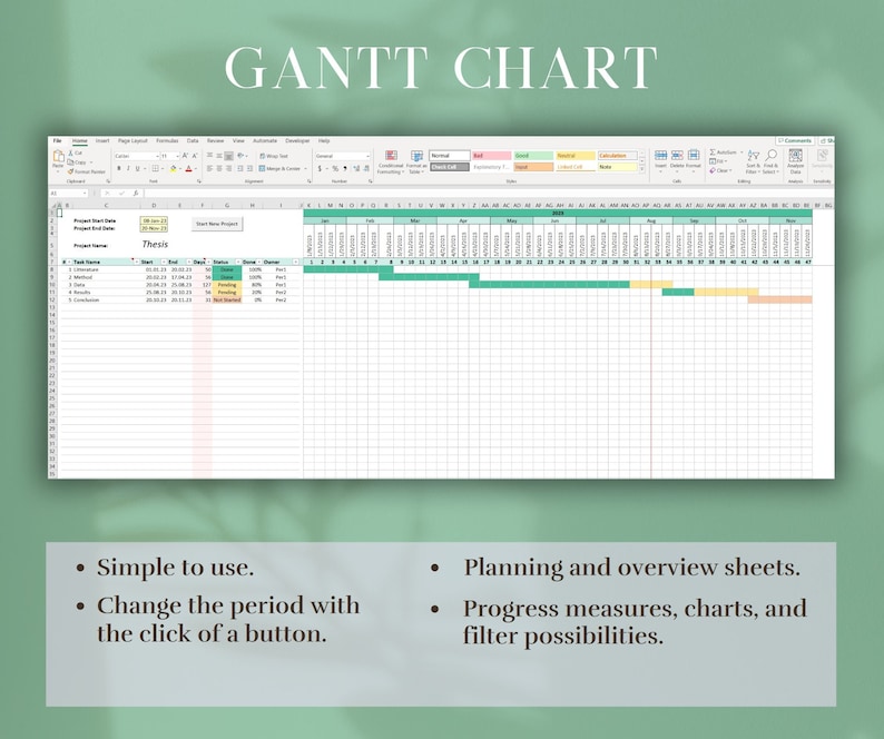 Simple Gantt Chart Excel Template: Project Management Tool (digital ...