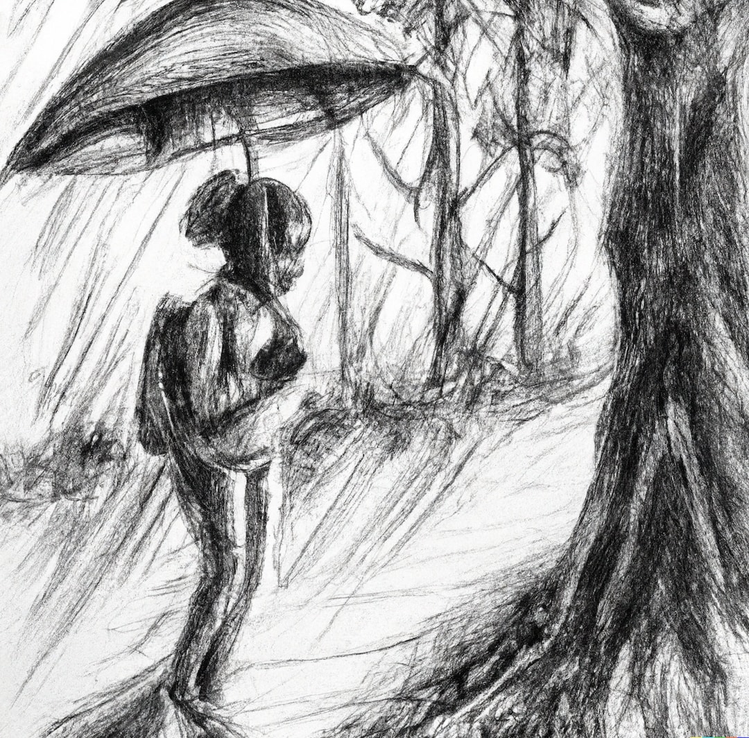 A Pencil Drawing of Girl on a Rainy Day - Etsy