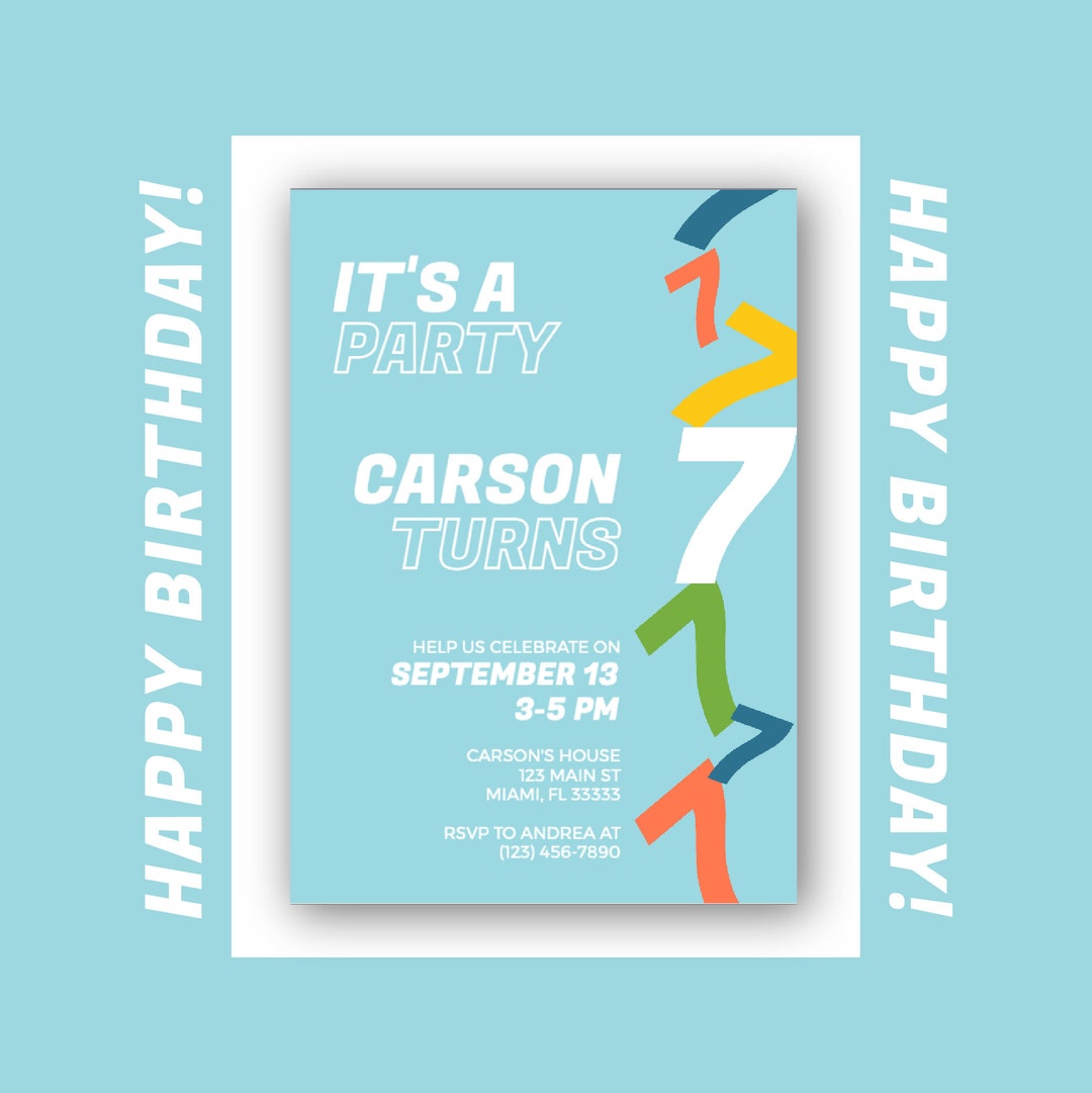 7th Birthday Party Invitation, Boy Birthday Party, Kid Birthday Party ...