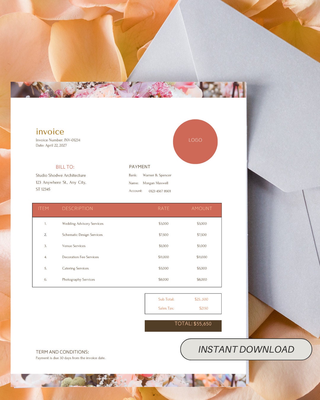 Custom Wedding Invoice Template Editable | Elegant Design for Wedding ...