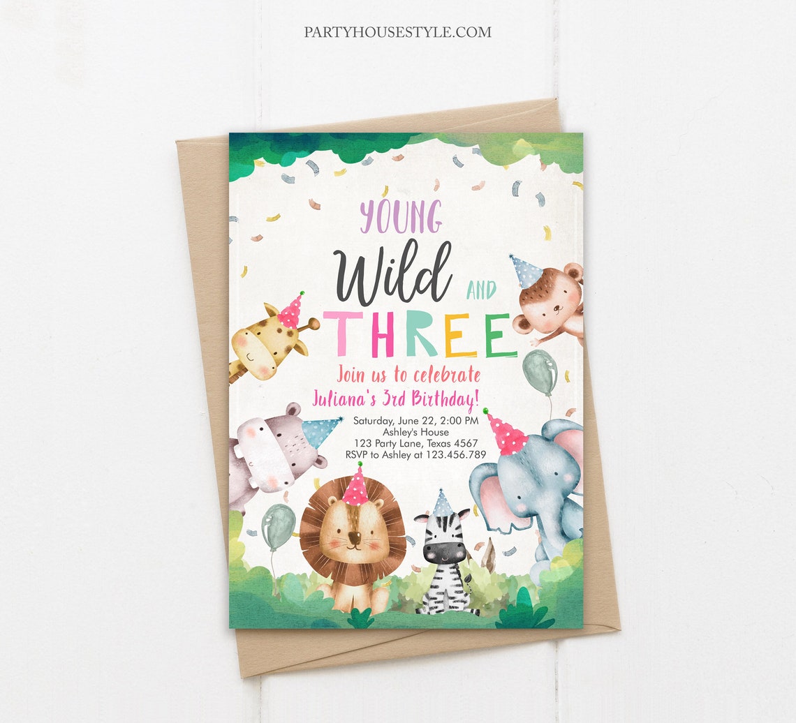 Editable Young Wild and Three Invitation Safari Animals Party Animals ...