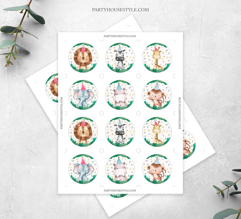 Party Animals Cupcake Toppers Favor Tags Happy Birthday Decoration ...
