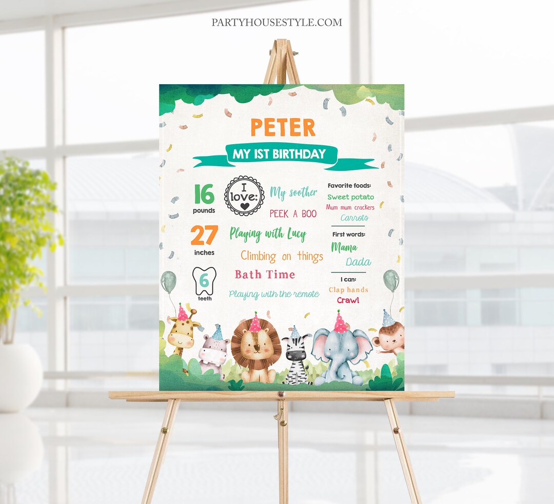 Editable Baby Party Animals Birthday Milestones Sign Boy Green Blue ...