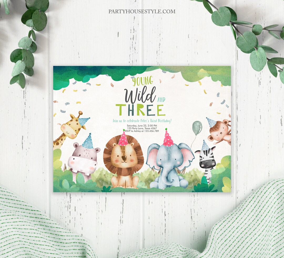 Editable Young Wild and Three Invitation Boy Safari Animals Zoo Wild ...