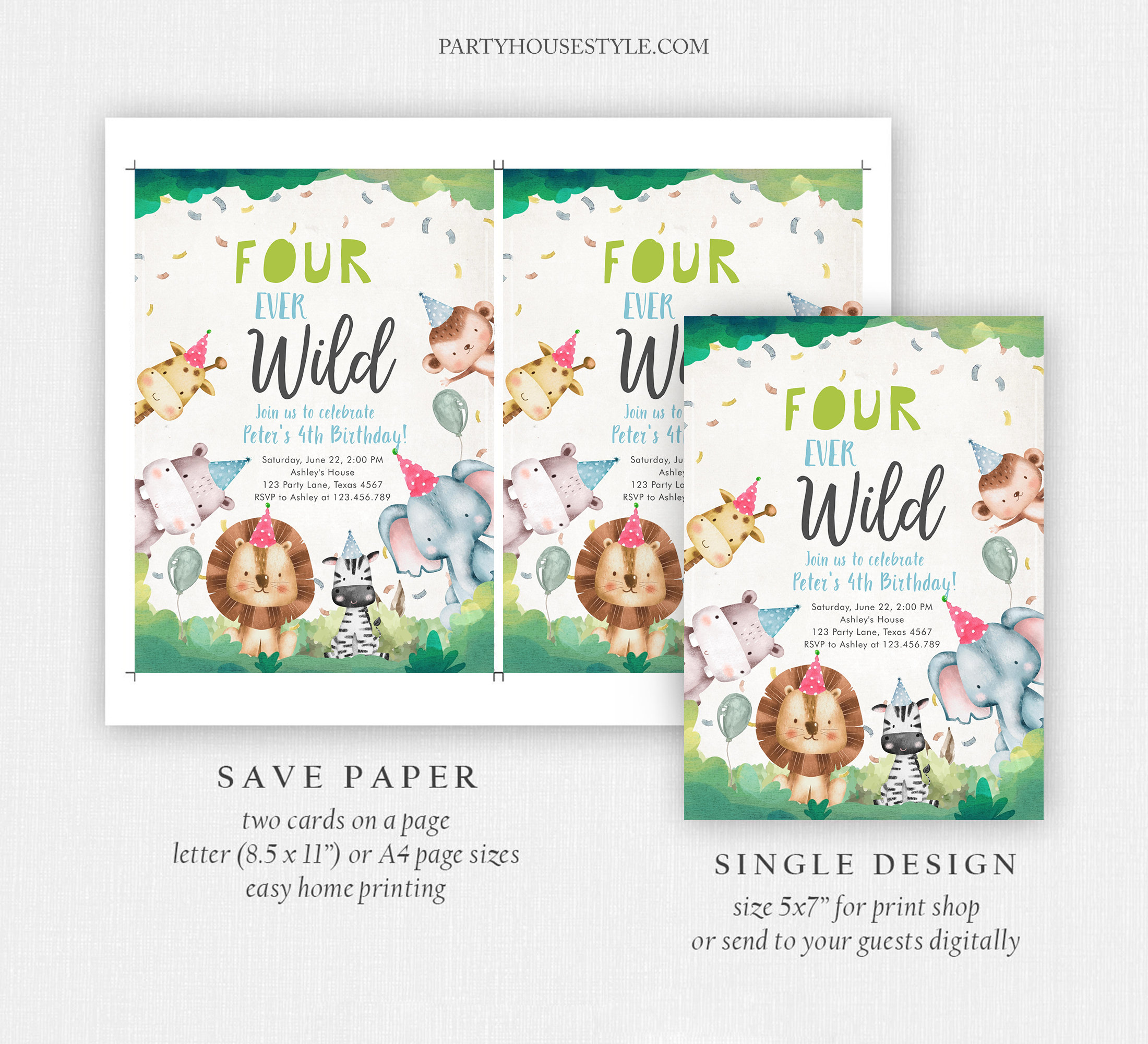 Editable Four Ever Wild Invitation Safari Animals Party Animals Boy ...