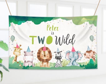 Editable Two Wild Party Animals Birthday Backdrop Banner Safari Animals ...
