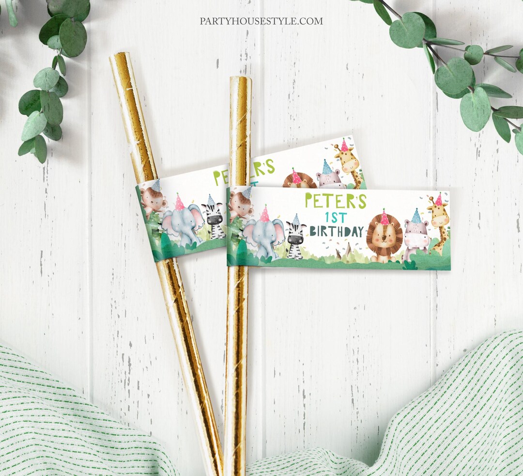 Editable Party Animals Straw Tags Safari Animal Birthday Straw Label ...