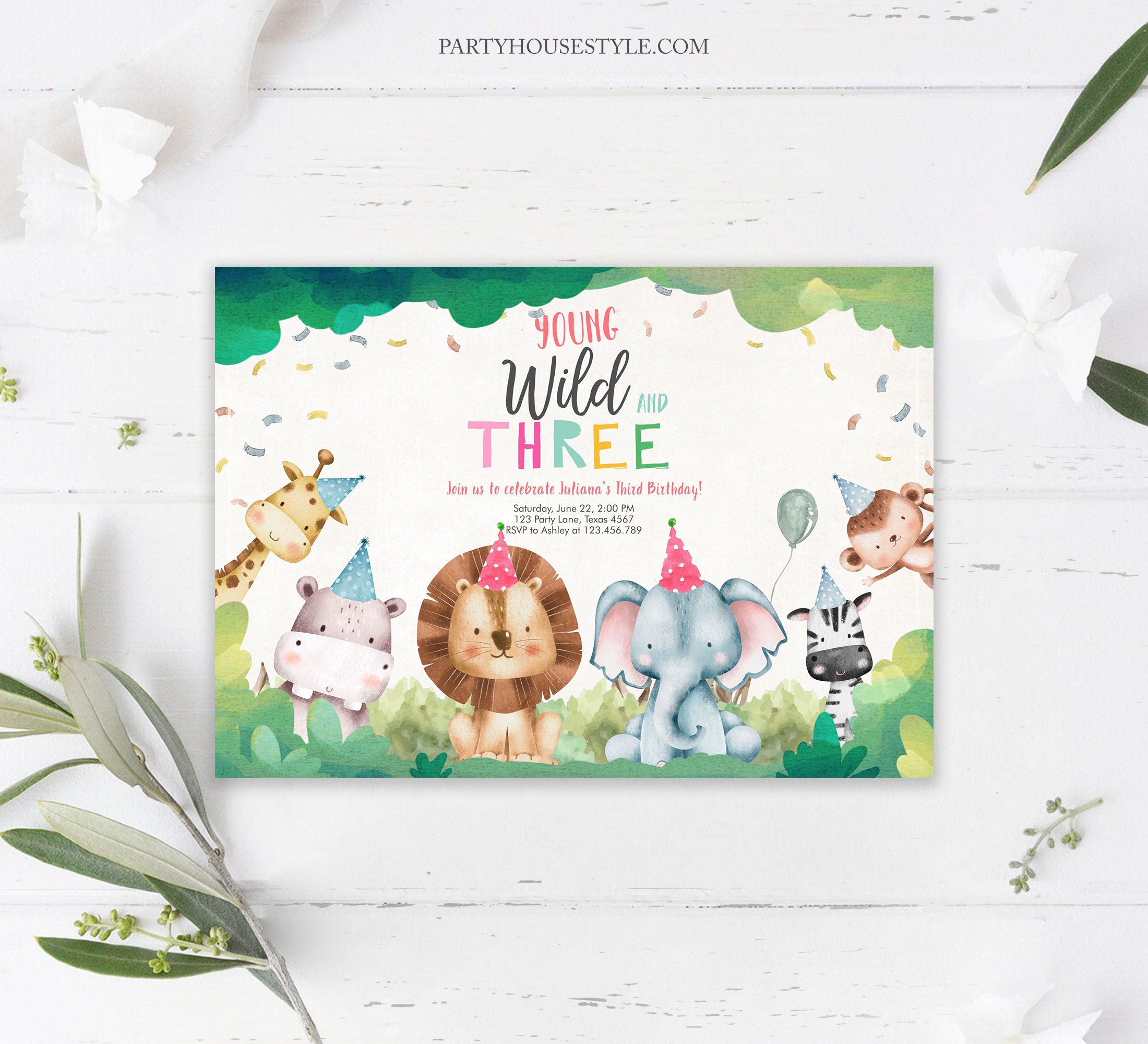 Editable Young Wild and Three Invitation Girl Pink Safari Animals Zo ...