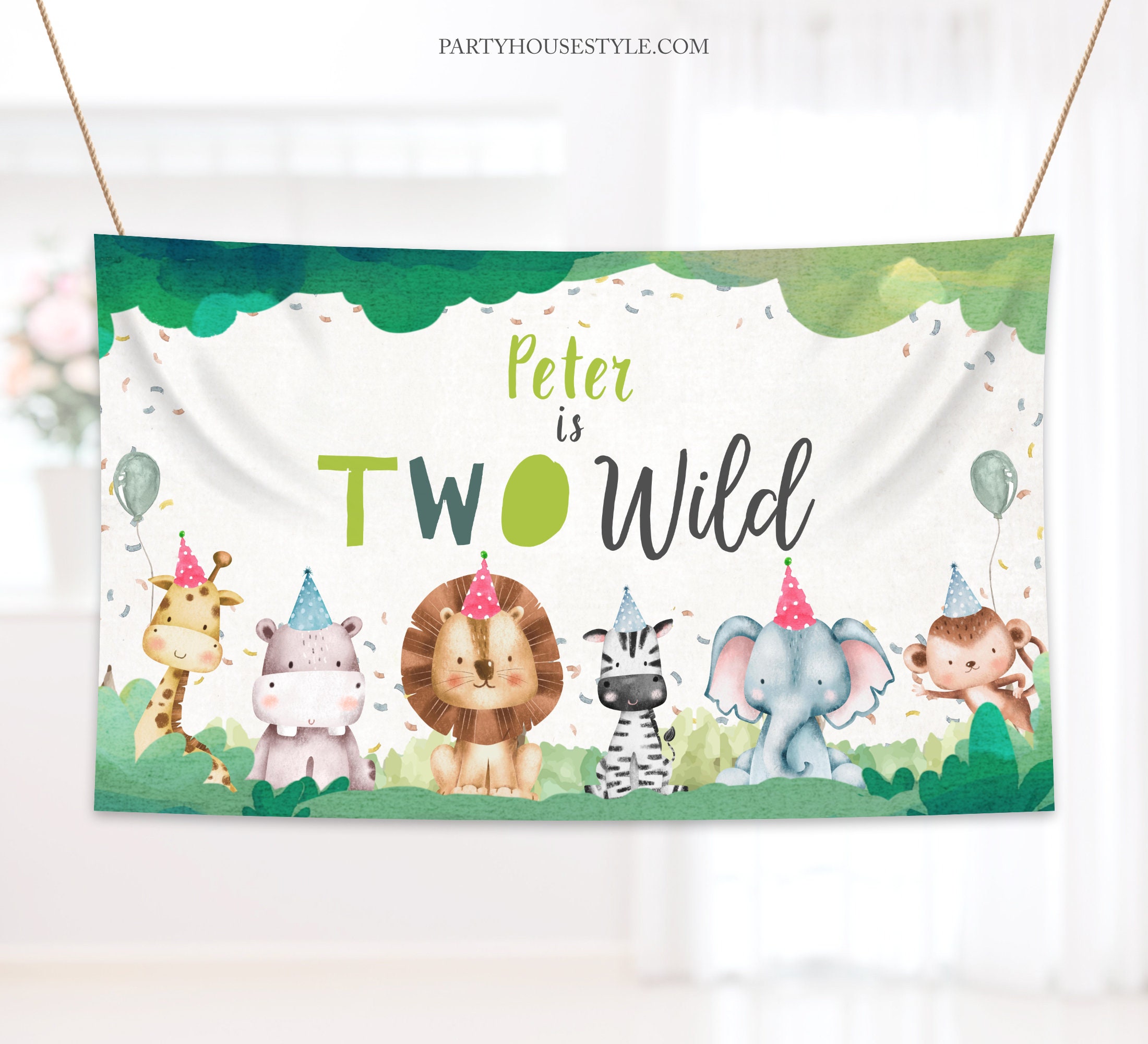 Editable Two Wild Party Animals Birthday Backdrop Banner Safari Animals ...