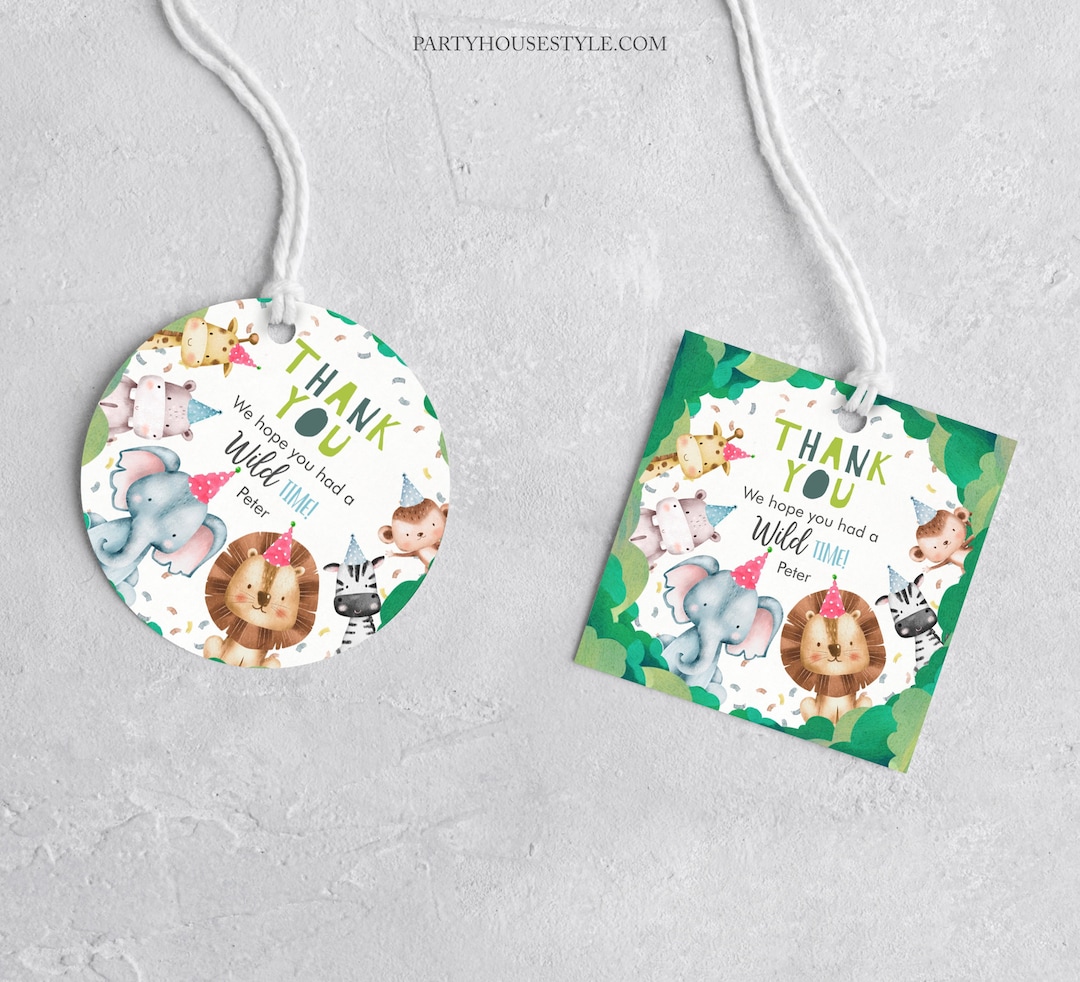 Editable Party Animals Favor Tags Wild One Thank You Tag Safari Animals ...