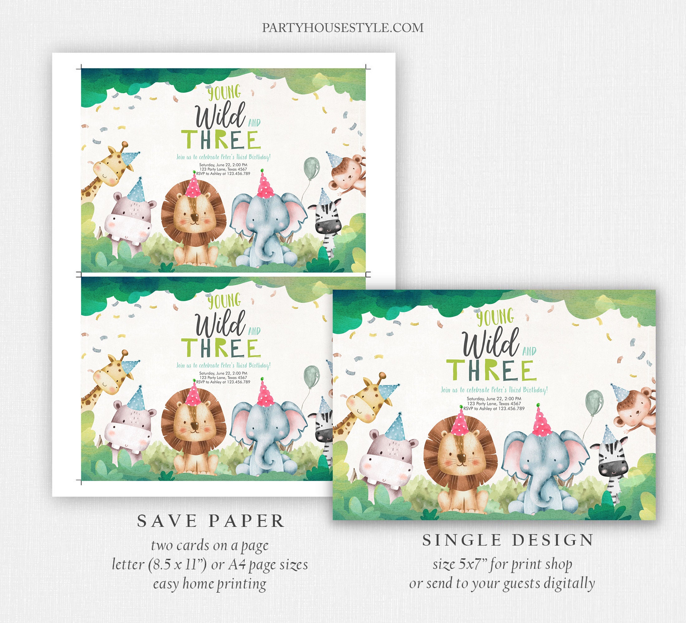 Editable Young Wild and Three Invitation Boy Safari Animals Zoo Wild ...