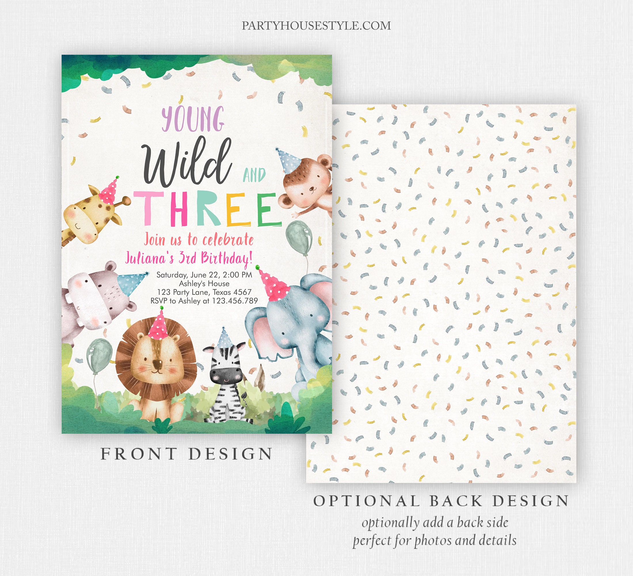 Editable Young Wild and Three Invitation Safari Animals Party Animals ...