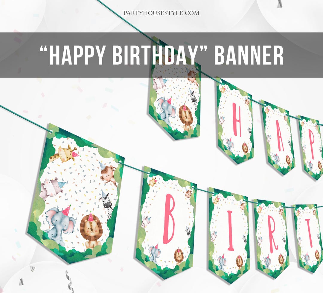 Happy Birthday Banner Safari Animals Pink Party Animals Wild One ...