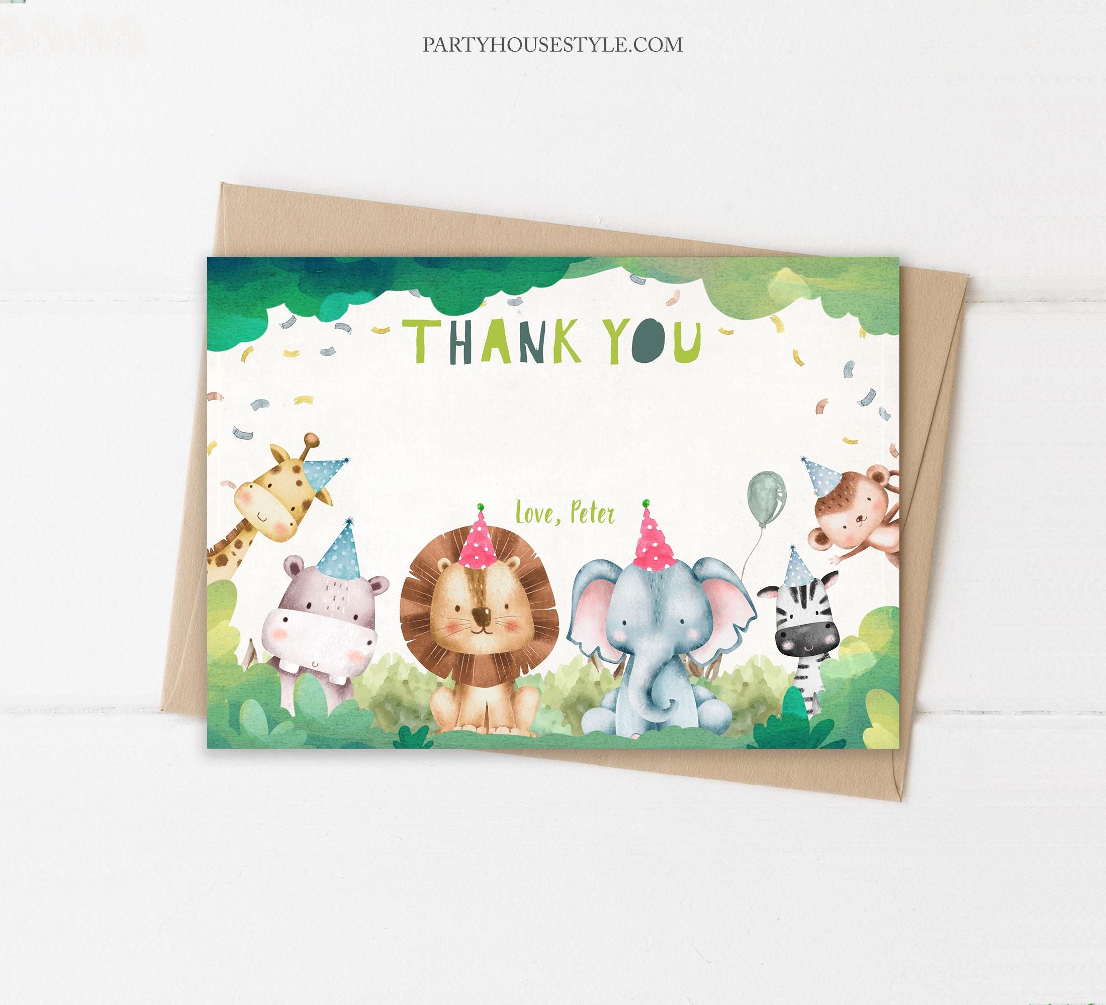 Editable Party Animals Thank You Card Note Wild One Safari Animals Boy ...