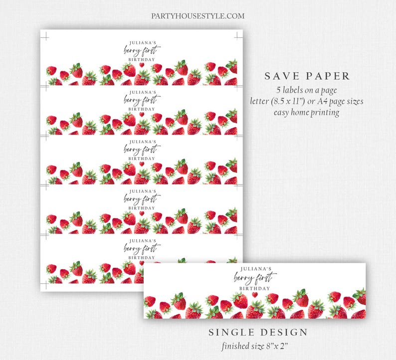 Editable Strawberry Water Bottle Label Strawberry Birthday Decor Berry ...