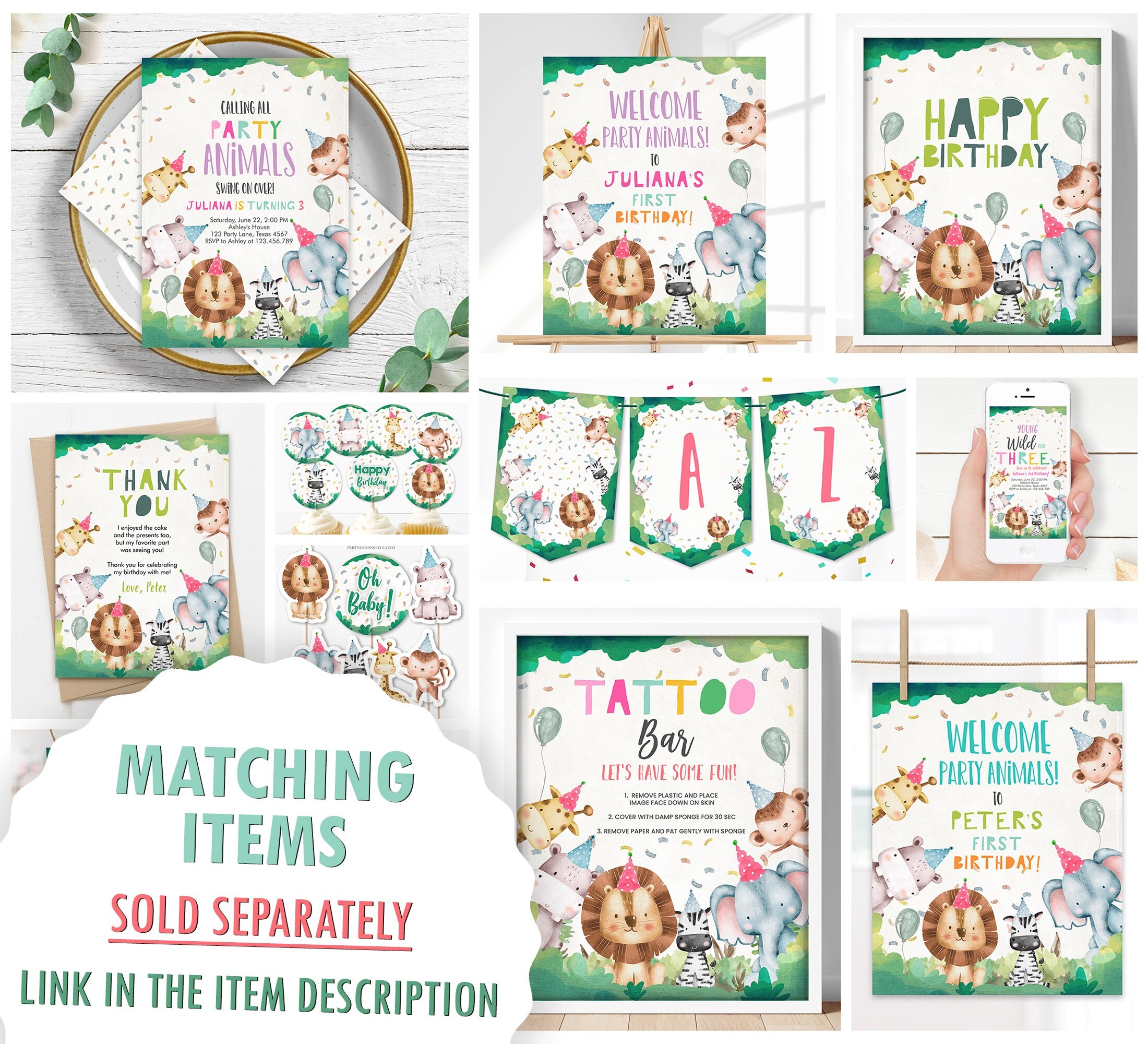 Party Animals Cupcake Toppers Favor Tags Happy Birthday Decoration ...