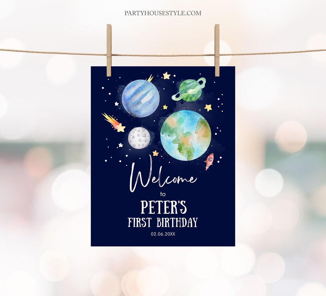 Editable Galaxy Space Birthday Welcome Sign 1st Birthday Boy Galaxy ...