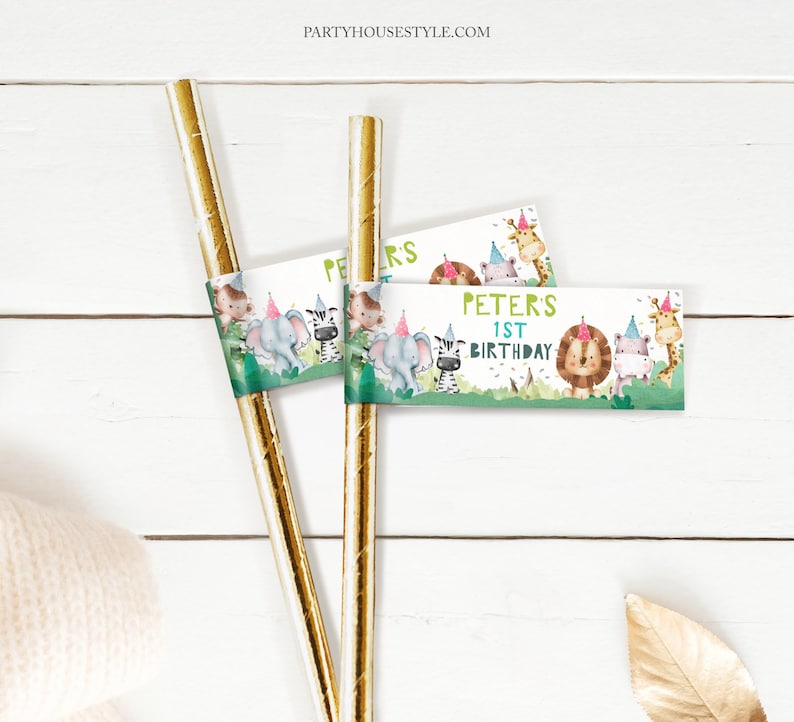Editable Party Animals Straw Tags Safari Animal Birthday Straw Label ...