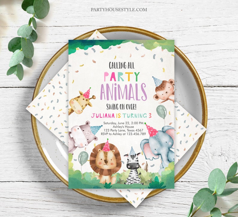 Editable Party Animals Birthday Invitation Animals Invitation Zoo ...