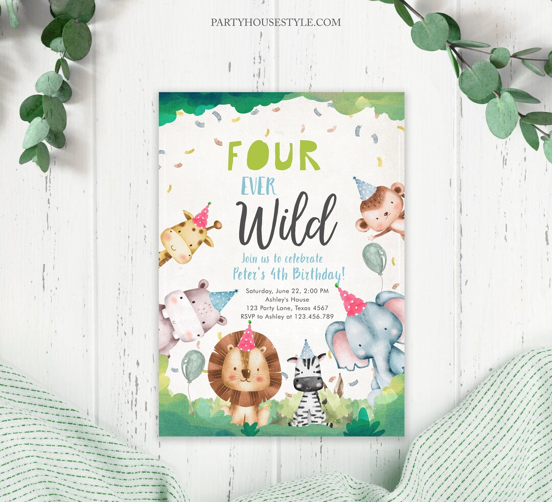 Editable Four Ever Wild Invitation Safari Animals Party Animals Boy ...