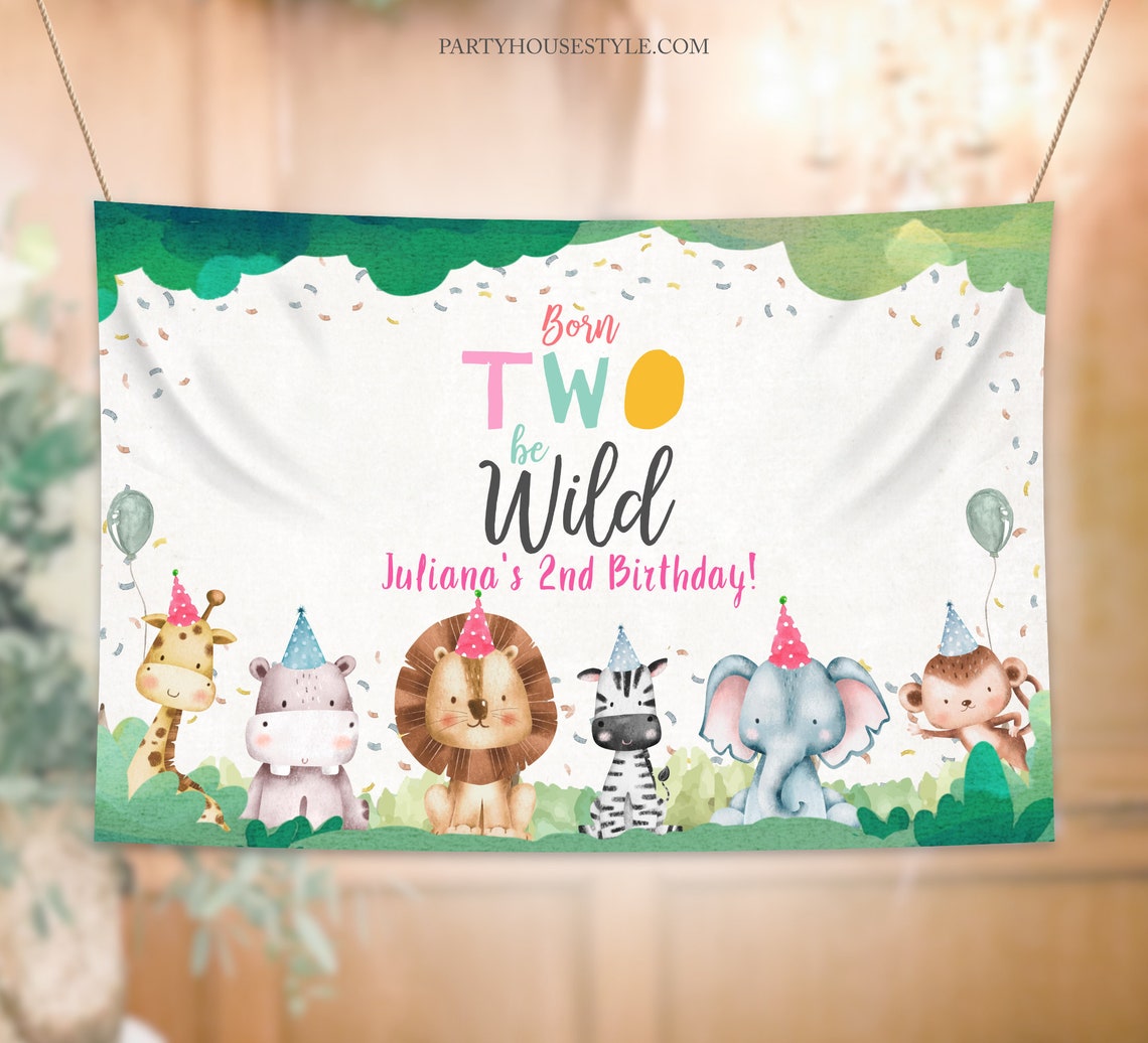 Editable Party Animals Birthday Backdrop Banner Safari Animals Girl ...